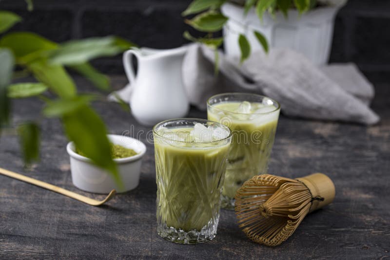 Cold Matcha Tea with Milk and Ice Stock Image - Image of concept, green ...