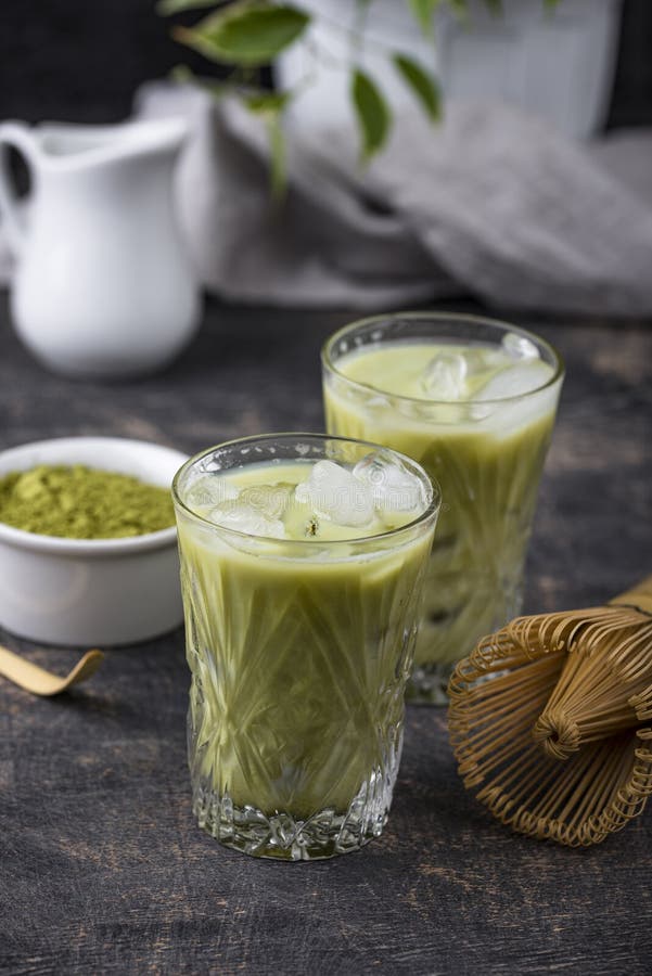 Cold Matcha Tea with Milk and Ice Stock Photo - Image of beverage ...