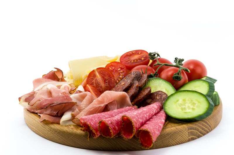 Cold Meals and Vegetables on Wood Plate Stock Image - Image of meat ...