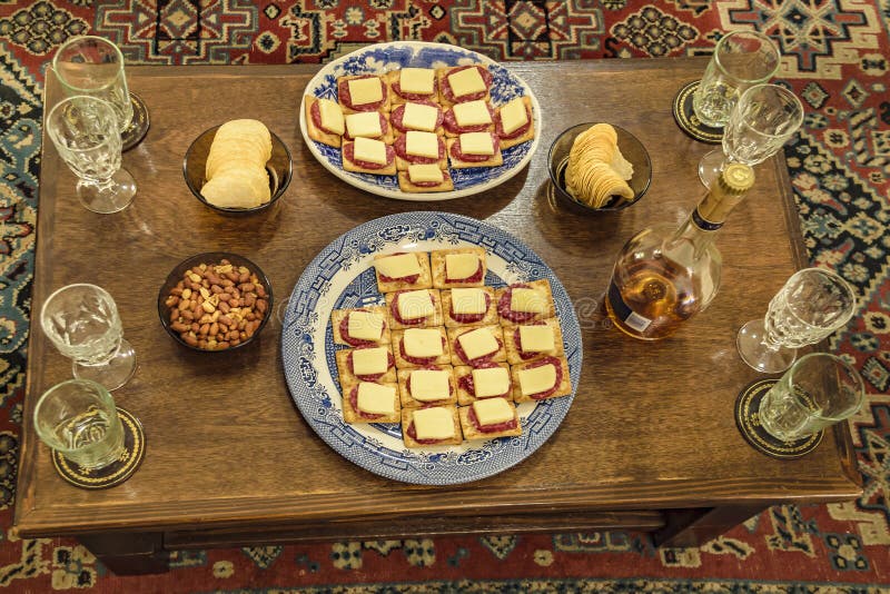 Cold Meat and Alcoholic Drink at Table Living Room Stock Photo - Image ...