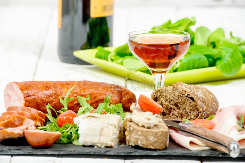 Cold Meats Plate with Glass of Wine Stock Image - Image of composition ...