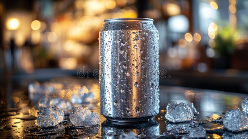 Cold Metallic Can with Condensation Resting on Wet Surface Surrounded ...