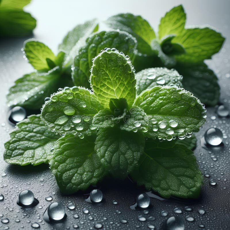 Cold Mint Herb with Large Drops of Condensation on Them on White ...