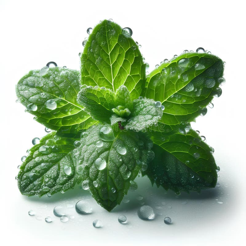 Cold Mint Herb with Large Drops of Condensation on Them on White ...