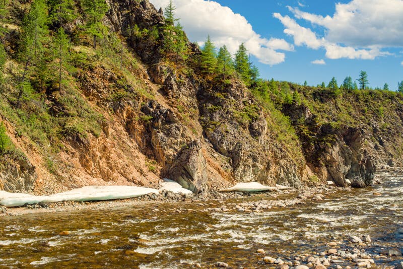 Cold Mountain River with Ice on the Shore Stock Photo - Image of summer ...