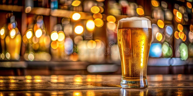 A Cold Pint on the Bar, Glass of Beer, Bar Counter, Golden Lights, Beer ...