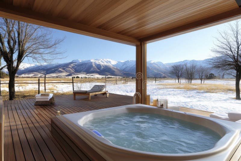 A Cold Plunge Tub Perched on a Wooden Deck Overlooking a Snow-covered ...
