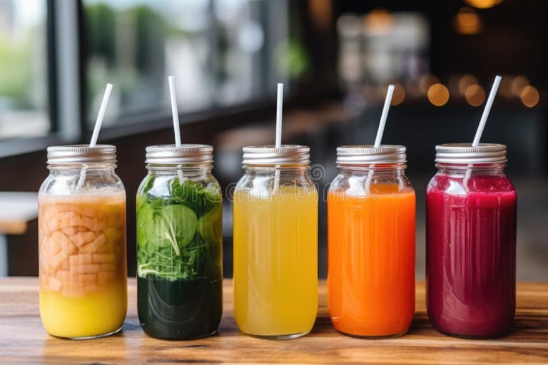 Cold Pressed Juices in Different Containers with Straws Stock Photo ...
