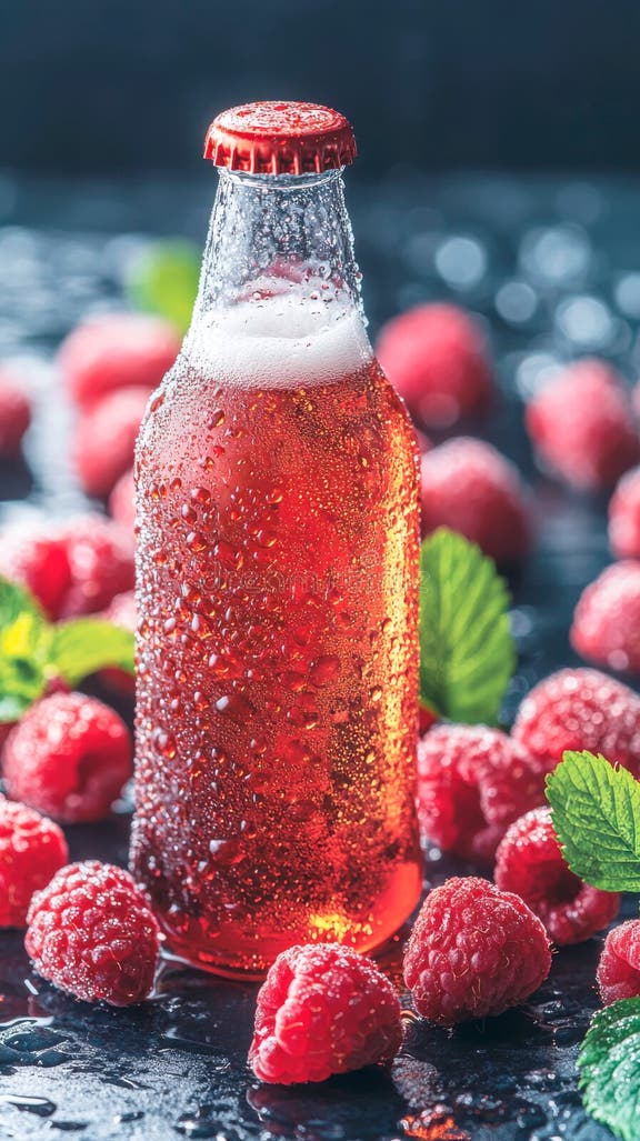 Cold Raspberry Beer and Fresh Raspberries on Dark Stone Background ...