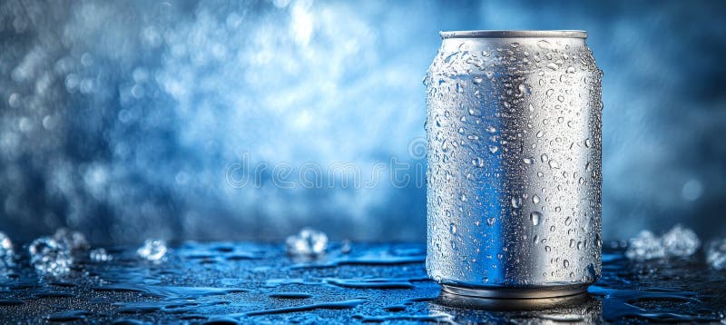 Cold, Refreshing Aluminum Can with Condensation on a Blue Background ...