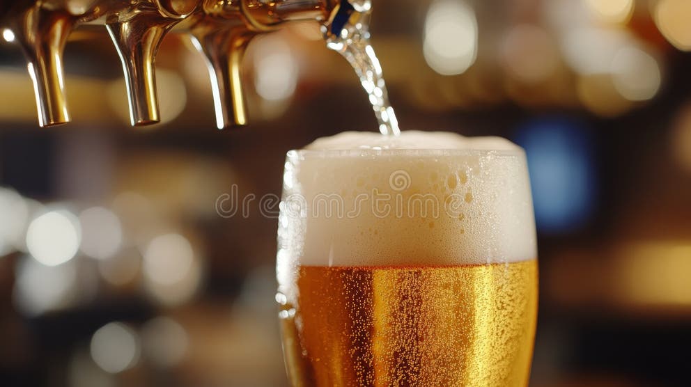 Cold Refreshing Beer Being Poured from Taps in Cozy Bar Setting Stock ...