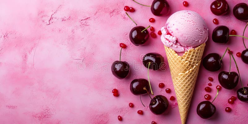 Cold Refreshing Cherry Ice Cream . Scoops in Waffle Cone,,Styled Pink ...