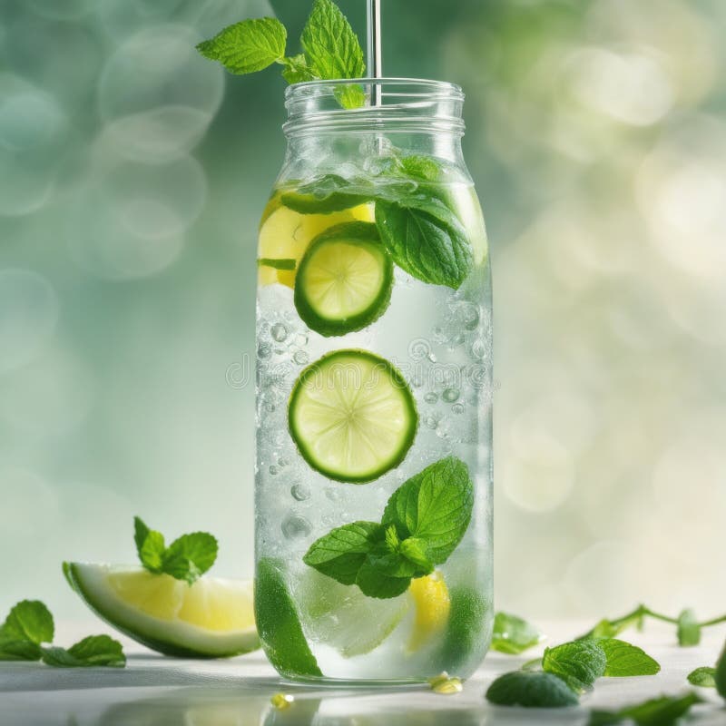 Cold and Refreshing Detox Water with Lime, Cucumber, Mint and Ice in ...