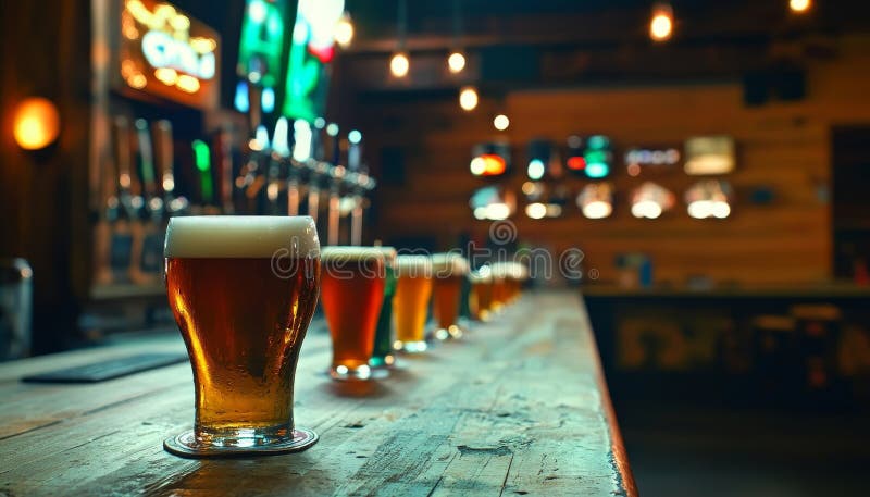 Cold, Refreshing Draft Beers Lined Up on a Rustic Wooden Bar with a ...