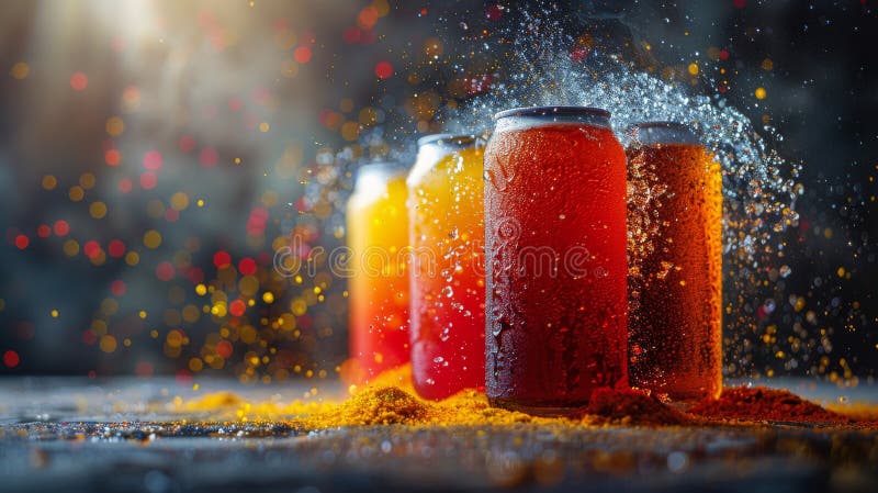 Cold Refreshing Drinks with Water Splash on a Dark Background Stock ...