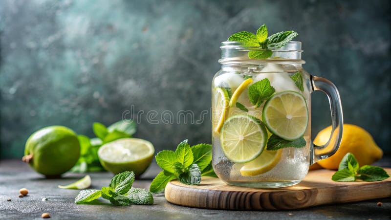 Cold and Refreshing Infused Water with Lime Ginger Mint and Ice in ...