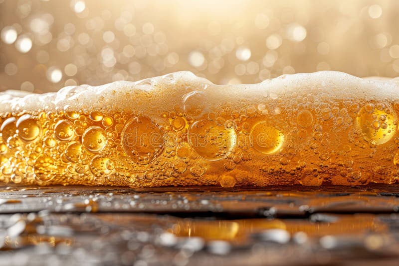 A Cold Refreshing Lager Beer with Bubbles and Foam on a Wet Wooden ...