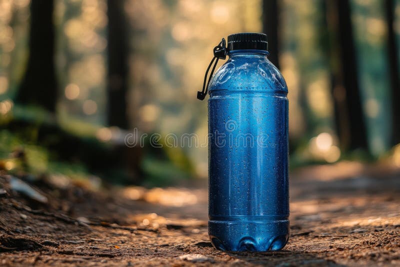 Cold Refreshing Water Bottle Standing on a Forest Path Early in the ...