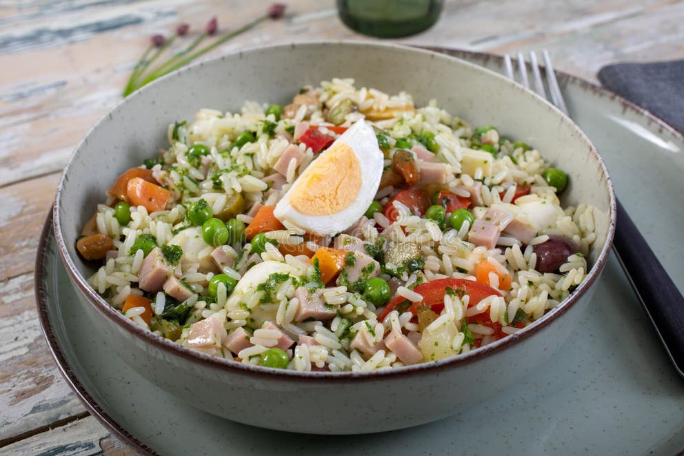Cold Rice with Egg Mozzarella Ham and Pickled Vegetables Stock Photo ...