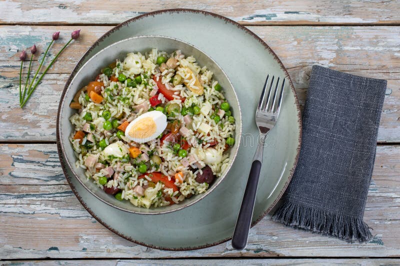 Cold Rice with Egg Mozzarella Ham and Pickled Vegetables Stock Image ...