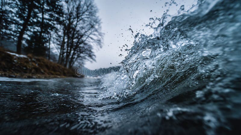 Cold River Wave Close-up with Trees Stock Photo - Image of water ...