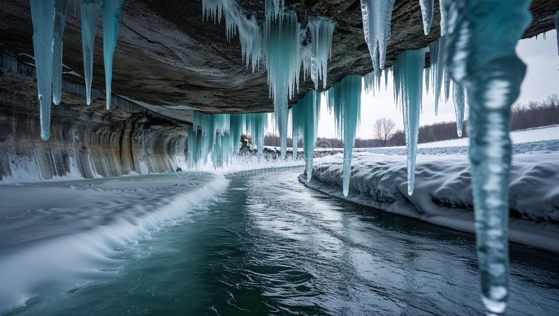 Cold River Winds Around Sharp Bend Beneath Overhang Dripping with Ice ...