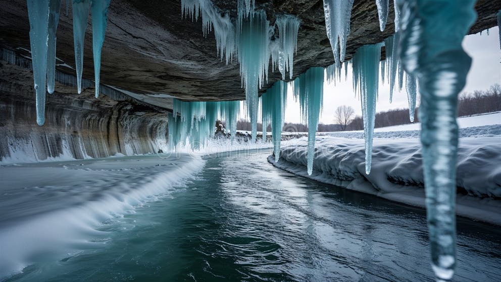 Cold River Winds Around Sharp Bend Beneath Overhang Dripping with Ice ...