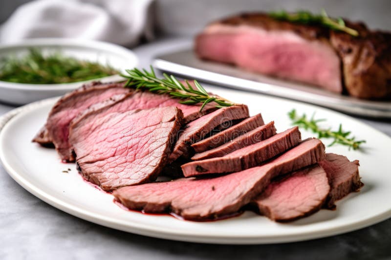 Cold Roast Beef Sliced and Placed on a Plain White Plate Stock Photo ...