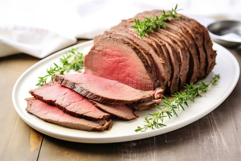 Cold Roast Beef Sliced and Placed on a Plain White Plate Stock Photo ...