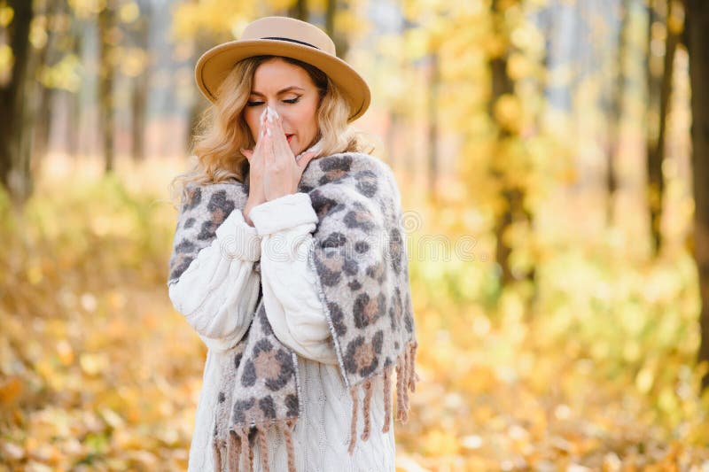 Cold Sick Beautiful Beautiful Woman in Autumn, Toning Stock Photo ...