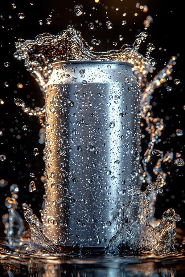Cold Silver Beverage Can Splashing Water Against a Dramatic Black ...