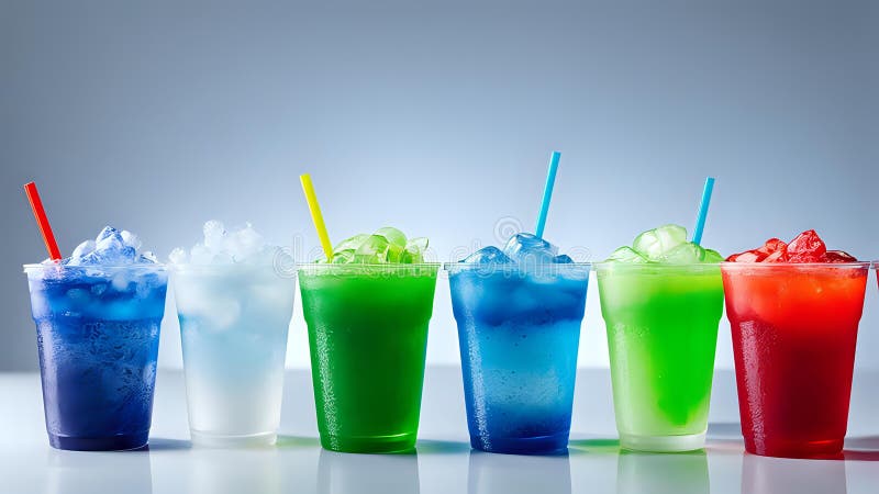 Cold Slush Drinks in Plastic Cups. Vibrant and Refreshing Frozen ...