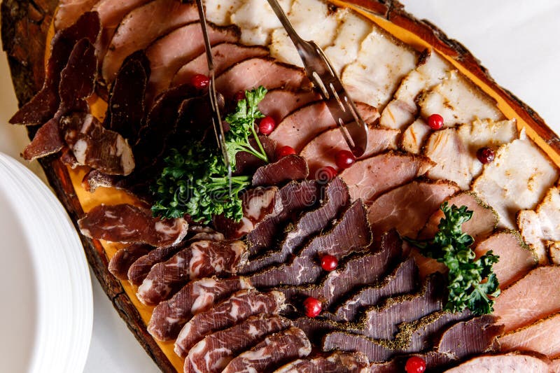 Cold Smoked Meat Plate with Prosciutto, Salami, Bacon and Pork Chops ...