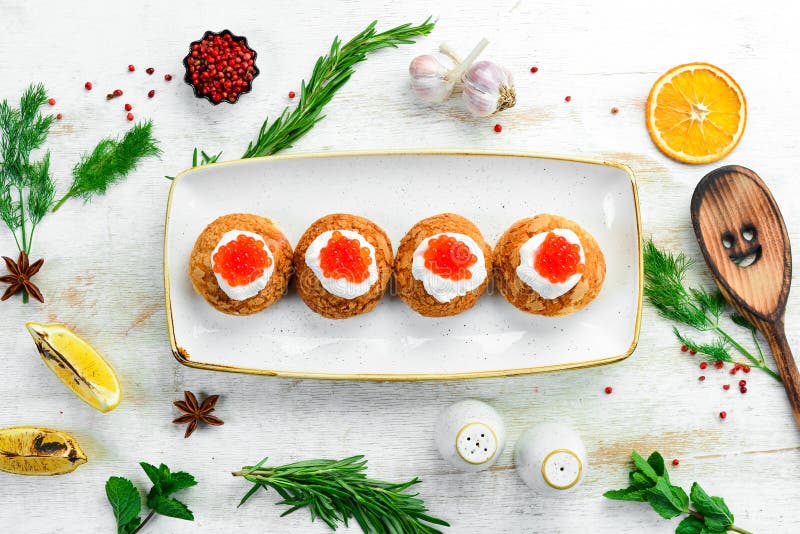 Cold Snacks. Eclair with Cheese and Red Caviar. Caviar Sandwich. Top ...