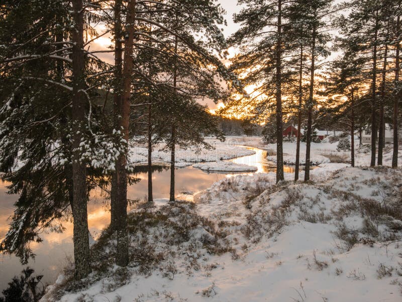 The Cold Snow Winter River in Evening Light Stock Image - Image of ...