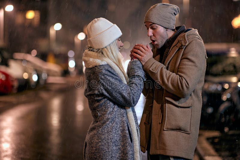 Cold Snowy Night.Romantic Couple Outdoors in Winter Stock Image - Image ...