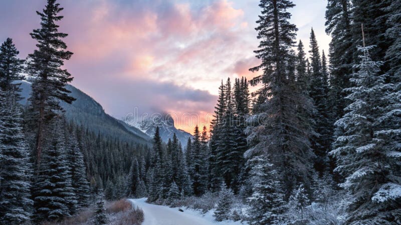 A Cold Snowy Path with Trees and Cloudy Sky Stock Image - Image of ...