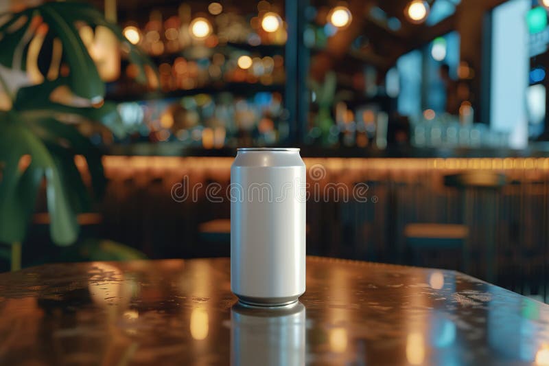 Cold Soda Can on Wood Table in Stylish Restaurant Setting Stock ...