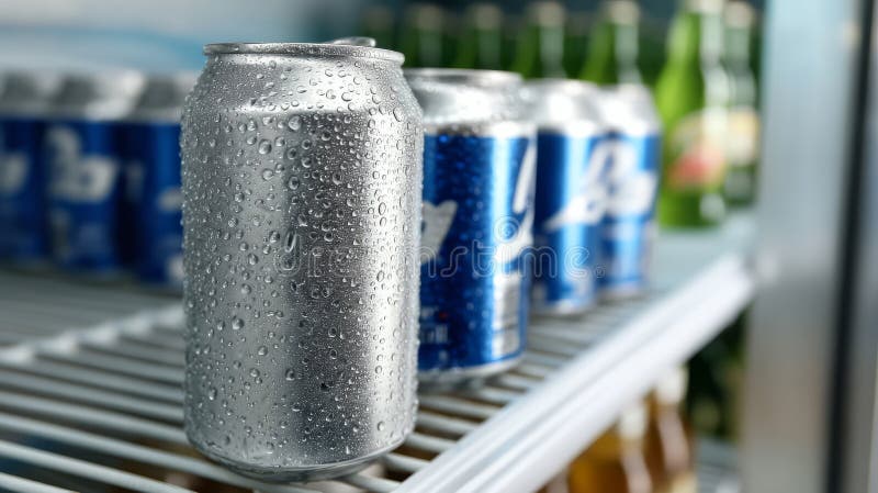 Cold Soda Cans with Droplets in a Refrigerator for Refreshment. Stock ...