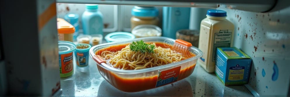 Cold Spaghetti Meal with Fresh Parsley Inside a Refrigerator Stock ...