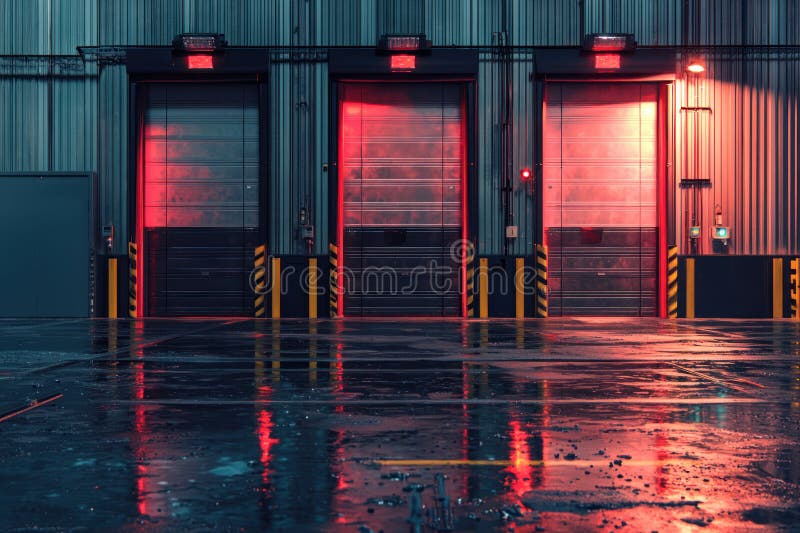 Cold Storage Doors in Meat Processing Plant Loading Bay, Illuminated by ...