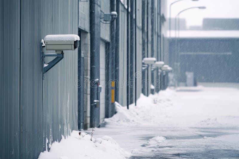Cold Storage Facility Exterior with Security Cameras in Snowy Weather ...