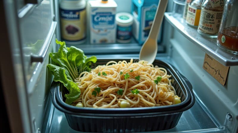 Cold Storage Spaghetti Meal in Open Refrigerator with Fresh Lettuce and ...