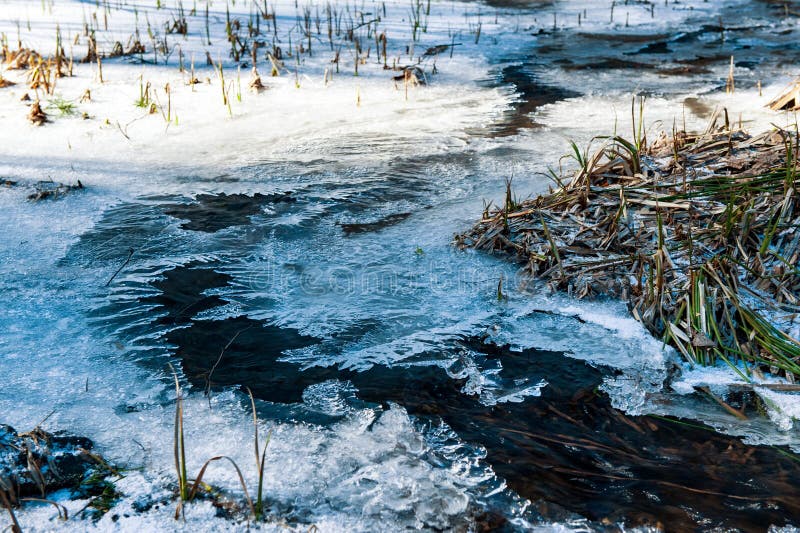 Cold Stream and Figured Ice Crust in Winter Stock Photo - Image of blue ...