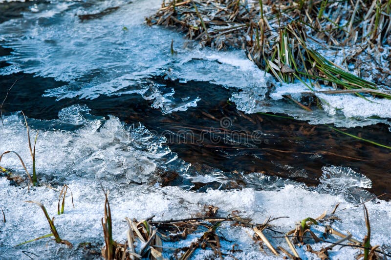 Cold Stream and Figured Ice Crust in Winter Stock Photo - Image of ...