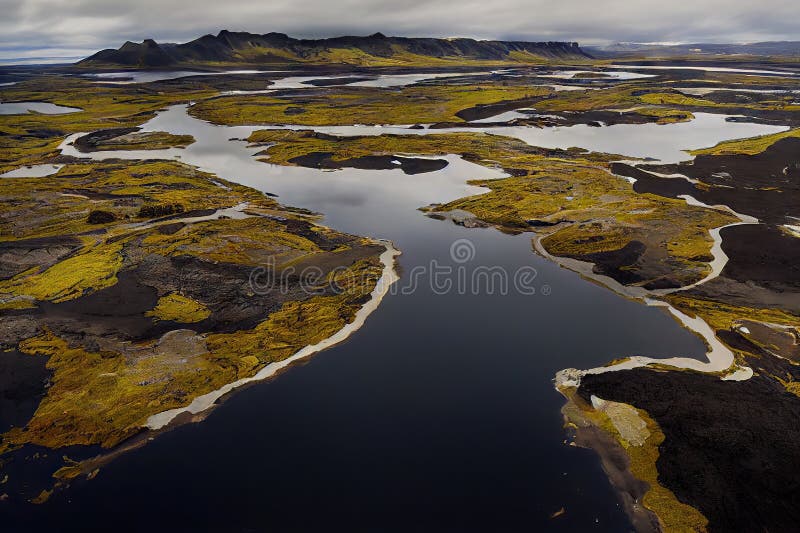 Cold Summer Landscape in Valley with Iceland Aerial River Stock Illustration - Illustration of ...