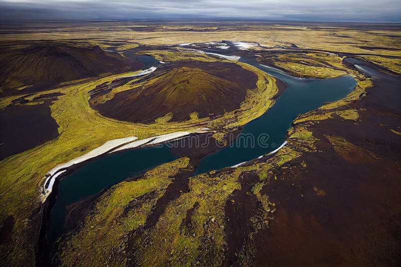 Cold Summer Landscape in Valley with Iceland Aerial River Stock ...