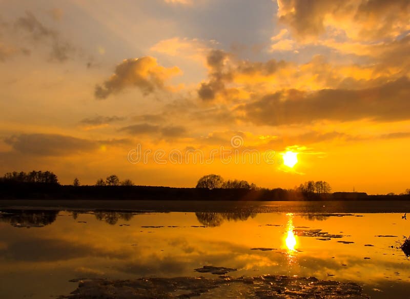 Cold sunset stock image. Image of pond, reflection, landscape - 1182673