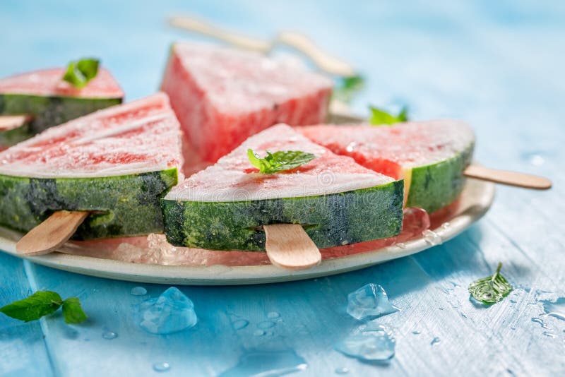 Cold and Sweet Watermelon Ice Cream on a Stick Stock Photo - Image of ...