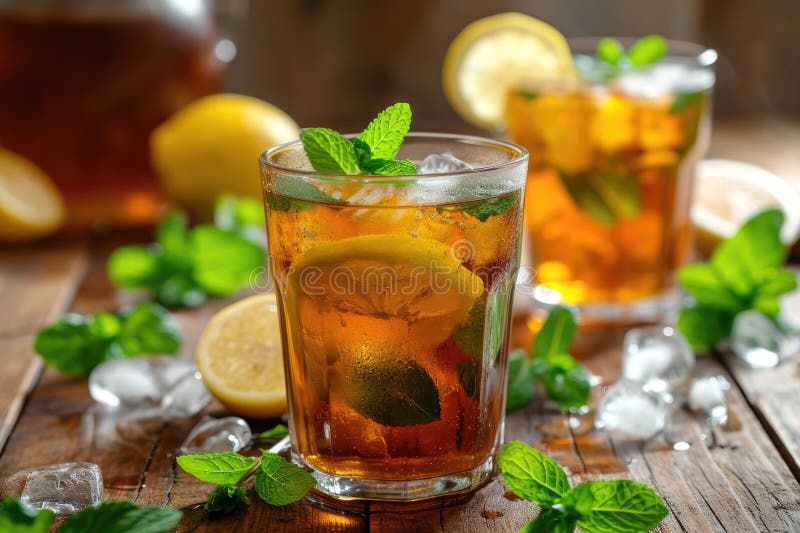 Cold Tea with Lemon and Mint Herbal on the Table in Glass Stock ...